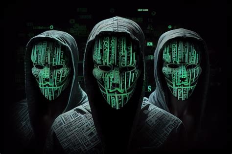 Premium Ai Image Three Anonymous Masks With Green Code Symbols