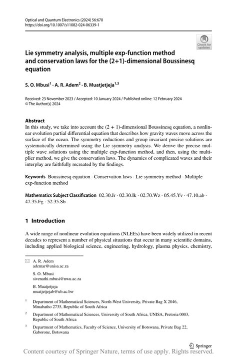 Pdf Lie Symmetry Analysis Multiple Exp Function Method And Conservation Laws For The 2 1