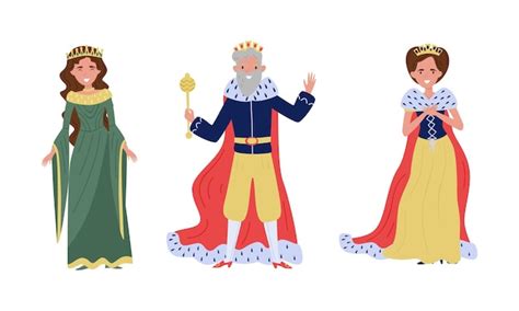 중세 왕실 구성원 ⁇ 터 일러스트레이션 왕과 여왕 캐릭터 왕국 주민 프리미엄 벡터
