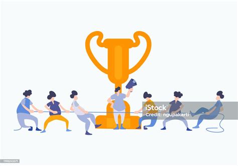 경쟁 비즈니스 벡터 플랫 일러스트레이션입니다 줄다리기 게임을 하는 사람들의 개념 두 팀이 힘의 시험에서 서로를 상대합니다 트로피 컵과 충돌의 팀 작업 은유 벡터에 대한 스톡