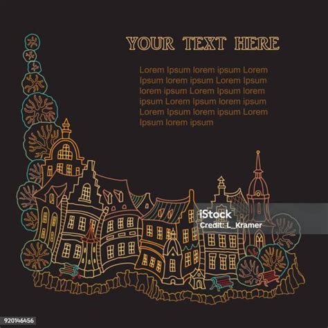 판타지 도시 풍경 작은 중세 유럽 건물의 벡터 삽화 동화 오래 된 도시 거리 주택 손으로 그린된 낙서 밑그림입니다 티 셔츠 노란색과 검은색 인쇄 책 표지 안내 책자 0명에