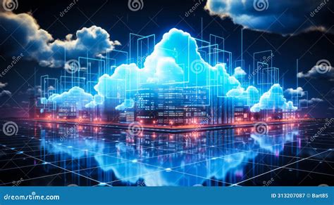 Digital Illustration Of Cloud Computing Network With Glowing Blue Clouds And Data Streams On A