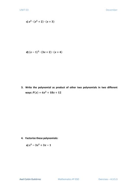 4 Eso Academics Unit 03 Exercises 4 3 5 Factorizing Polynomials Algebraic Fractions Pdf