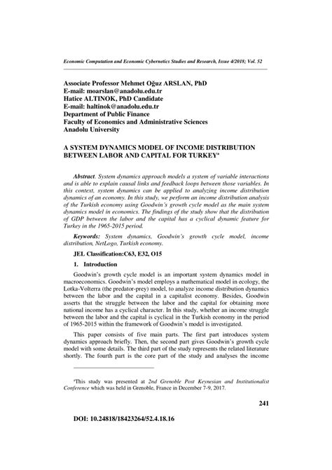 Pdf A System Dynamics Model Of Income Distribution Between Labor And Capital For Turkey