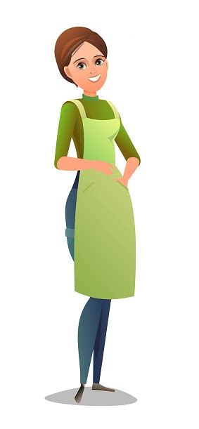 여성 장인 또는 예술가 앞치마에 소녀 작업복 마스터 쾌활한 사람 스탠딩 포즈 만화 만화 스타일의 평면 디자인 단일 문자입니다 흰색 배경에 격리된 그림입니다 벡터 개념에 대한