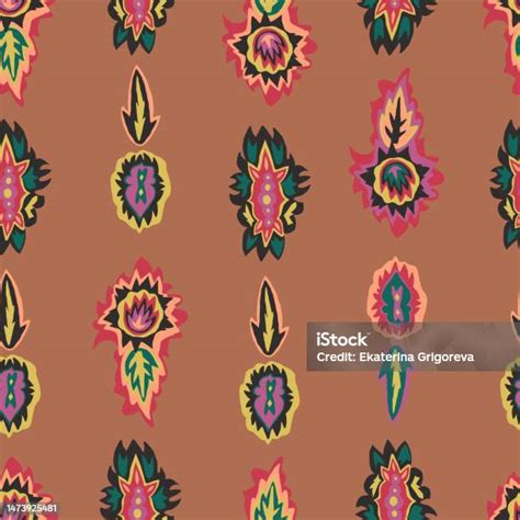 민속 민족 히피 매끄러운 패턴과 70년대 복고풍 분위기 추상적인 다채로운 부족 반점 반복 카펫 깔개 스타일 오점 장식용 얼룩 모양 벡터 배경 섬유 포장지 동쪽에 대한 스톡