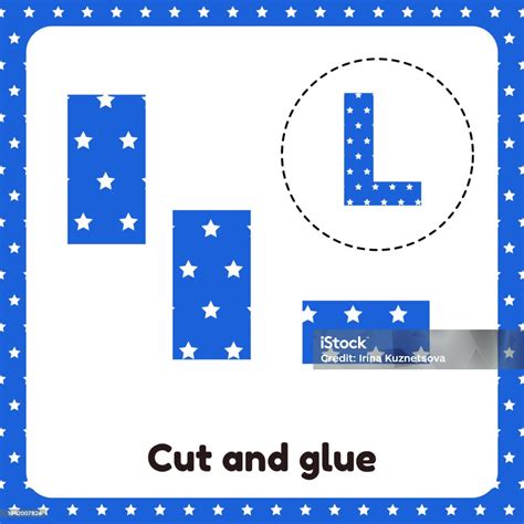 벡터 일러스트입니다 유치원과 학교 나이의 아이 들을 위한 게임 잘라 고 접착제 L 파란색 배경 흰색 별 영어 알파벳의 편지 가위에 대한 스톡 벡터 아트 및 기타 이미지