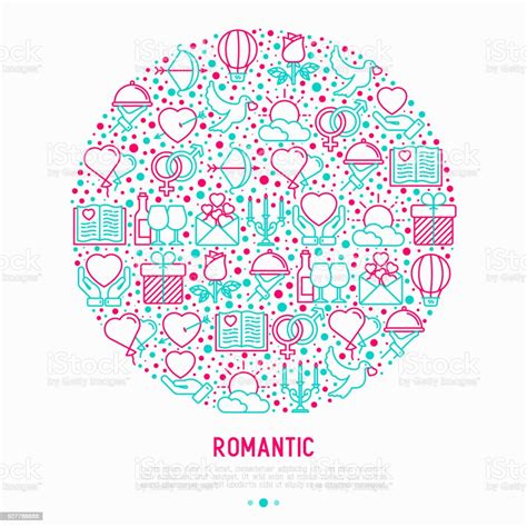 얇은 선 아이콘 원형에 낭만주의 개념 데이트 신혼 여행 발렌타인의 날 관련 현대 벡터 일러스트 레이 션 발렌타인의 날에 대 한 웹 페이지 서식 파일 개념에 대한 스톡 벡터