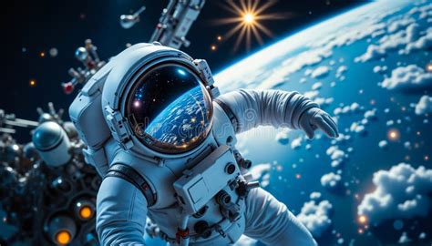 An Astronaut Hovering Above Earth Reflections Of The Planet Visible In