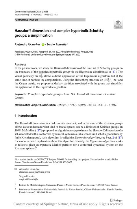 Hausdorff Dimension And Complex Hyperbolic Schottky Groups A Simplification Request Pdf