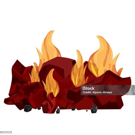 석탄 더미 하얀 배경에 고립 된 화염에 불타는 숯 만화 스타일 클립 아트 또는 디자인 요소의 상세하고 밝은 모닥불 바베큐 쿡을위한 그릴 화재 광물질에 대한 스톡 벡터 아트