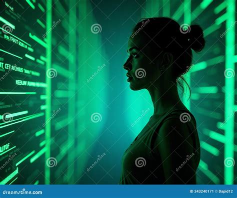 A Woman Standing In Front Of A Digital Green Screen With Coding And