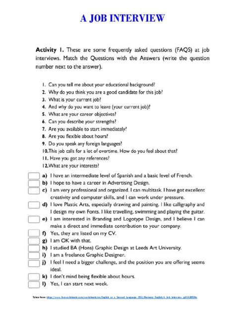 Job Interview Worksheet Pdf