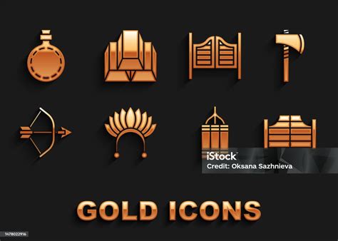 깃털 토마 호크 도끼 술집 문 다이너마이트 폭탄 활과 화살통 매점 물병 및 골드 바 아이콘으로 인도 머리 장식을 설정합니다 벡터 0명에 대한 스톡 벡터 아트 및 기타 이미지