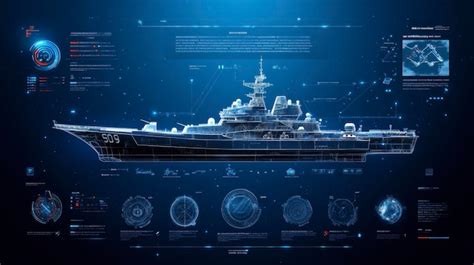 Digital Rendering Of A Naval Ship With Technical Data And Schematics