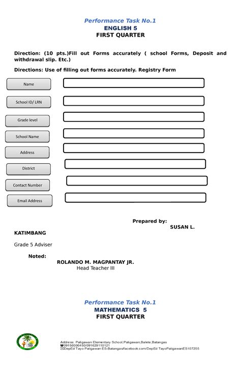 No 1 Performance Task First Quarter Performance Task No English