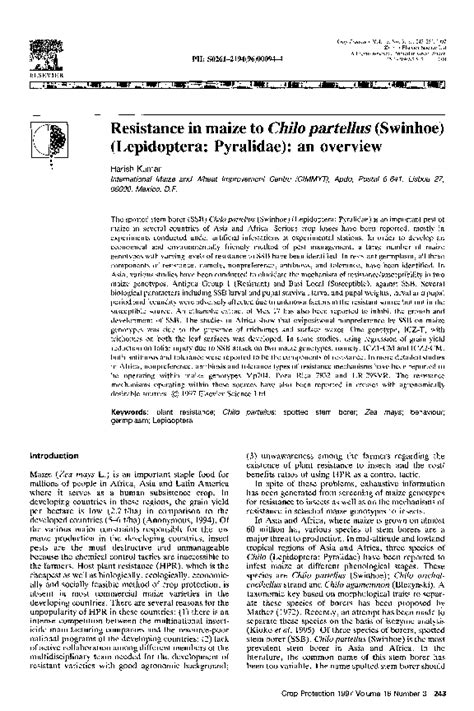 Pdf Resistance In Maize To Chilo Partellus Swinhoe Lepidoptera Pyralidae Role Of Stalk