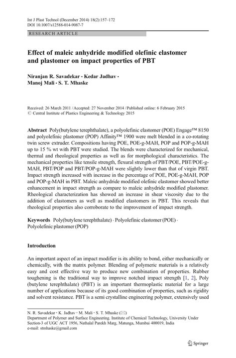 Pdf Effect Of Maleic Anhydride Modified Olefinic Elastomer And Plastomer On Impact Properties