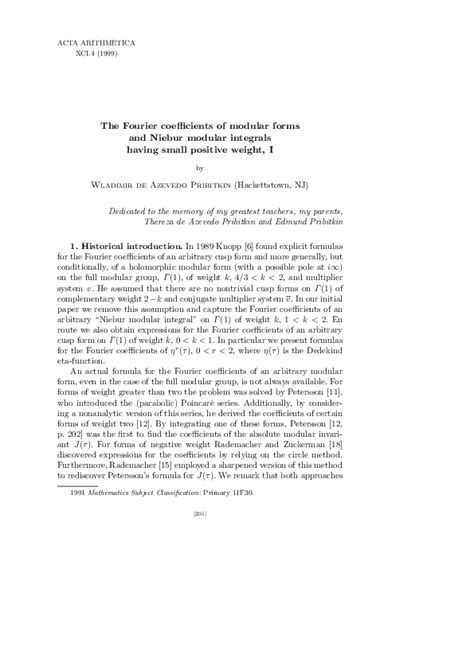Pdf The Fourier Coefficients Of Modular Forms And Niebur Modular Integrals Having Small