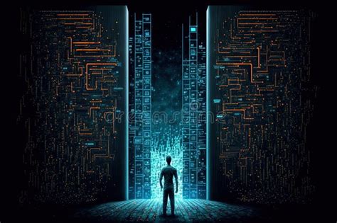 Generative AI Of Tiny Human In A Large Data Center Connecting To The Future Of Big Data Stock