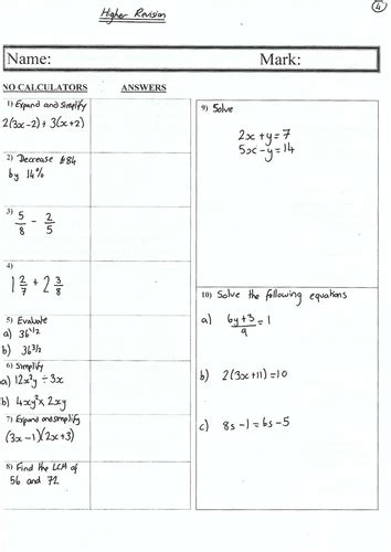 Higher Gcse Maths Revision Sheets Teaching Resources