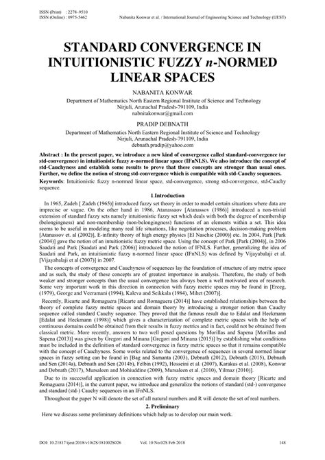 Pdf Standard Convergence In Intuitionistic Fuzzy N Normed Linear Spaces
