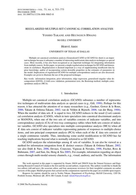 Pdf Regularized Multiple Set Canonical Correlation Analysis