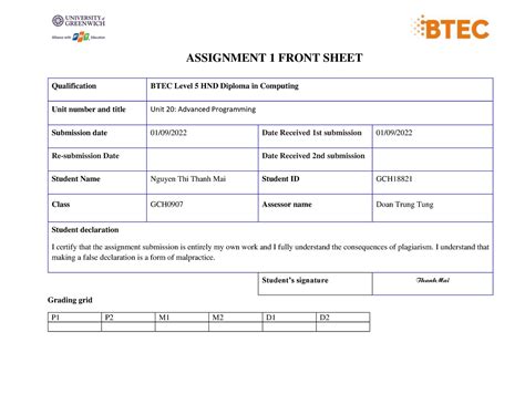 Asm1 Frontsheet Advance Programming Assignment 1 Front Sheet