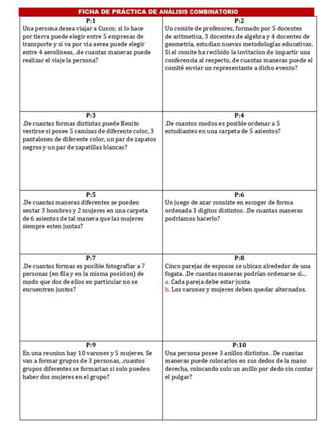 5ta Ficha De Practica De Análisis Combinatorio Pdf Artes Del Lenguaje Y Comunicación