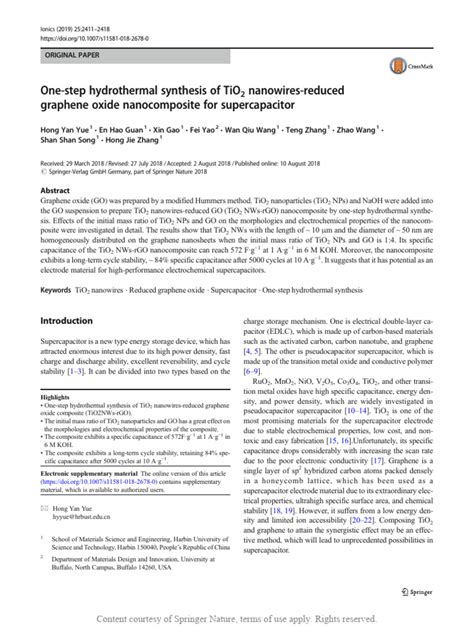 One Step Hydrothermal Synthesis Of Tio2 Nanowires Pdf Graphene Applied And