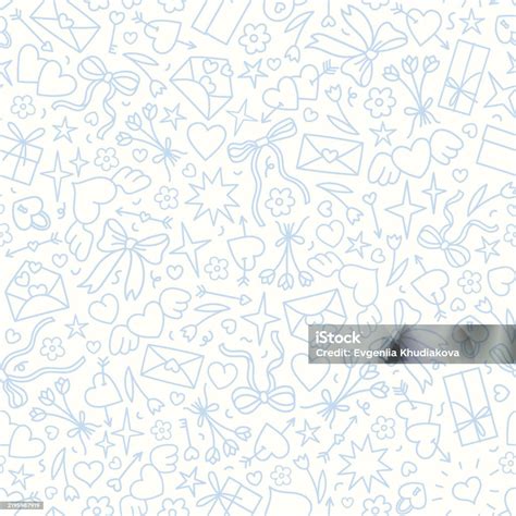 벡터 발렌타인 데이 배경입니다 로맨틱한 사랑은 직물 상품 또는 포장지 디자인을 위한 모든 것을 인쇄합니다 낙서 스타일 완벽 한 패턴 하트 활 별 꽃 선물 상자 봉투 화살표