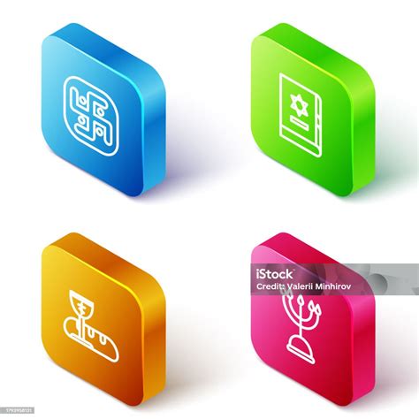 아이소메트릭 라인 자이나교 유대인 토라 책 첫 영성체 상징 및 하누카 메노라 아이콘을 설정합니다 벡터 0명에 대한 스톡 벡터 아트 및 기타 이미지 Istock