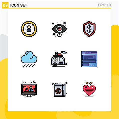 Set Of 9 Vector Filledline Flat Colors On Grid For Weather Cloud Marketing Technology Cyber