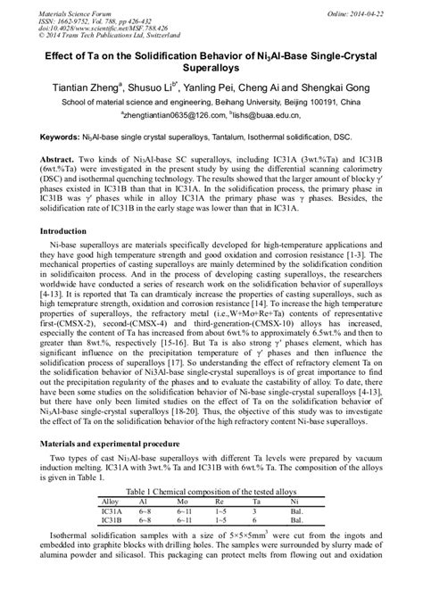 Effect Of Ta On The Solidification Behavior Of Ni3al Base Single Crystal Superalloys