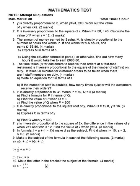 Mathematics Test Pdf