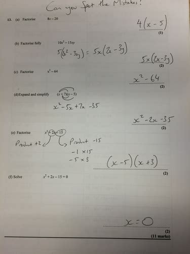 Spot The Mistakes Factorising With Quadratics Teaching Resources