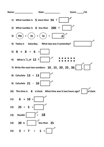 Year 1 Mental Arithmetic Tests Teaching Resources