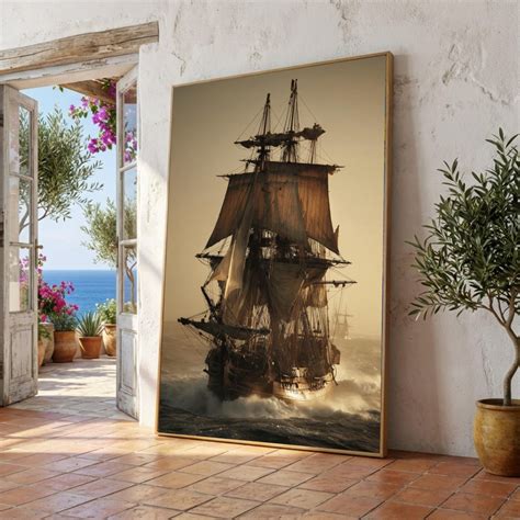 Vintage Tall Ship Canvas Wall Art Nautical Sailing Ship Decor Ocean