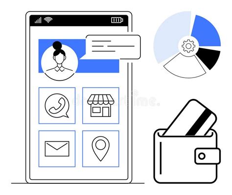 Smartphone Screen With User Profile Communication Icons Pie Chart And Wallet With Credit Card