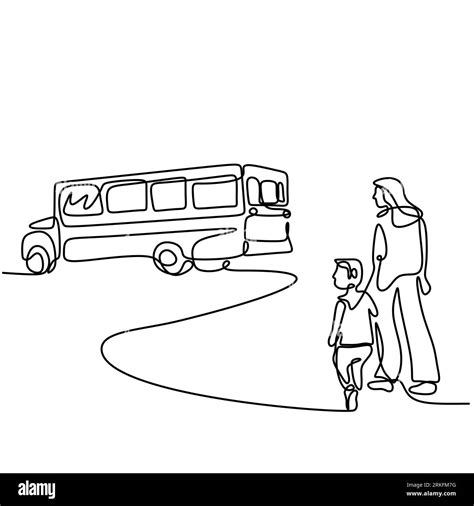 Dessin Continu Dune Ligne De La Jeune Mère Emmène Son Enfant à Lautobus Scolaire Heureux