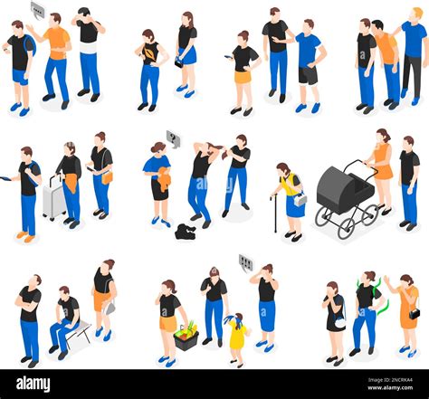 Queue Isometric Icon Set Different Types Of Queues And Different