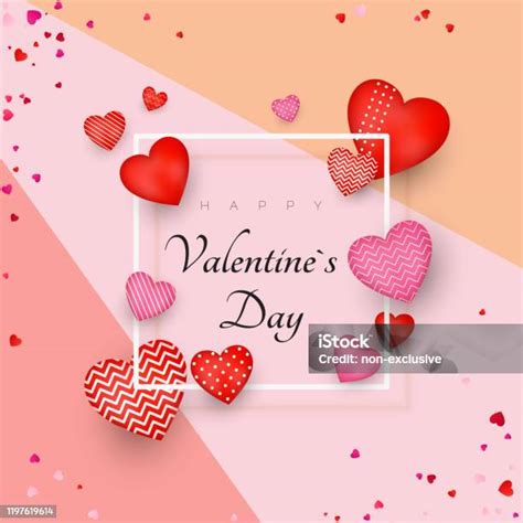 해피 발렌타인 데이 인사말 카드 또는 초대 디자인입니다 사랑과 로맨틱의 2 월 14 일 내 발렌타인 이되 빨간 하트와 휴일 배너입니다 벡터 일러스트레이션 2월에 대한 스톡