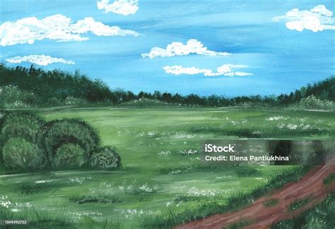 푸른 초원 덤불 도로가 있는 여름 풍경이 구름이 있는 푸른 하늘을 배경으로 합니다 손으로 그린 수채화 일러스트 0명에 대한 스톡 벡터 아트 및 기타 이미지 Istock