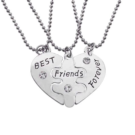 3 Pcset Best Friend Forever Bff Heart Shaped Triple Pendant Necklaces Sets For Men Women