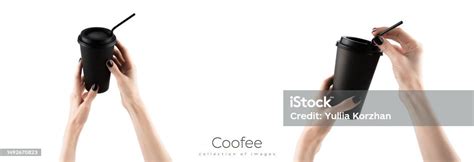 하얀 바탕에 뜨거운 커피의 검은 종이컵을 들고 있는 여자 검은 손톱을 가진 여성의 손 갈색에 대한 스톡 사진 및 기타 이미지 갈색 갈색 용지 검은색 Istock