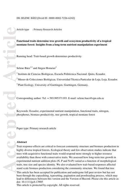 Pdf Functional Traits Determine Tree Growth And Ecosystem