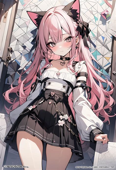 분홍색 머리와 고양이 귀를 가진 소녀의 클로즈업 Seaart Ai