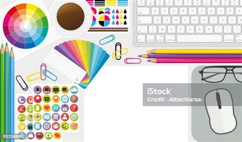 크리에이 티브 작업 환경입니다 상위 뷰 아티스트 데스크톱입니다 벡터 일러스트입니다 Cmyk에 대한 스톡 벡터 아트 및 기타 이미지 Cmyk 노트북 다중 색상 Istock