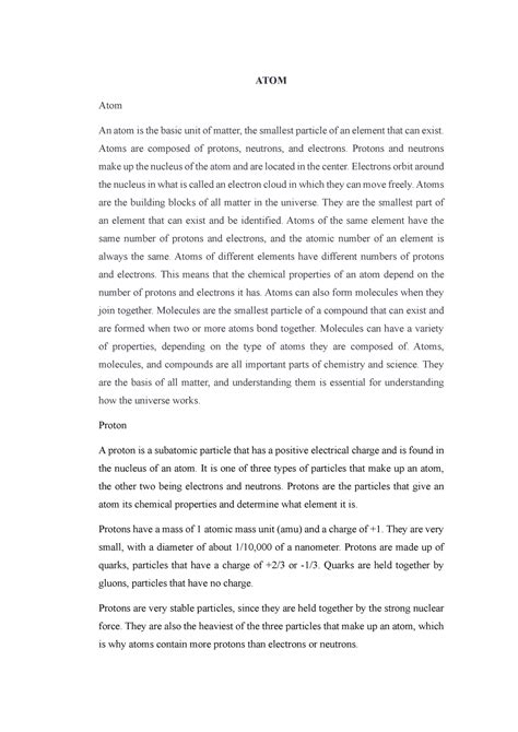 Atom Chemstry ATOM Atom An Atom Is The Basic Unit Of Matter The Smallest Particle Of An