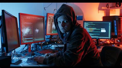 Covert Hooded Hacker In His Secretive Lair Premium Ai Generated Image
